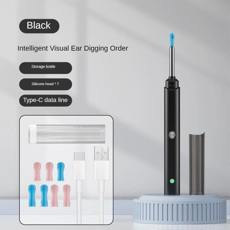 Black Smart Visual Ear Cleaner with 7 Silicone Tips and Type-C Charging ...