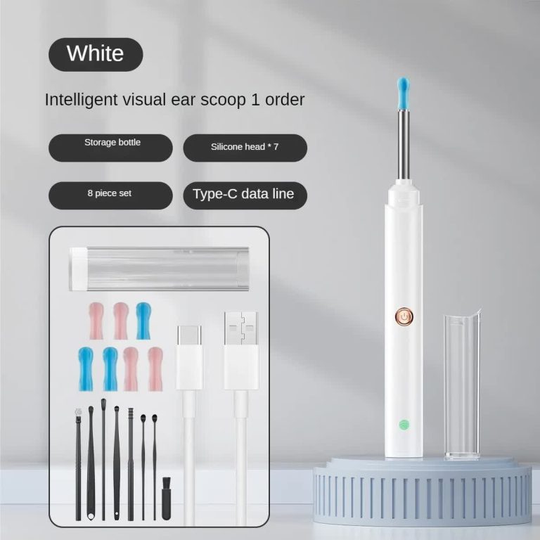 White Smart Visual Ear Cleaner with 7 Silicone Tips and Type-C Charging ...